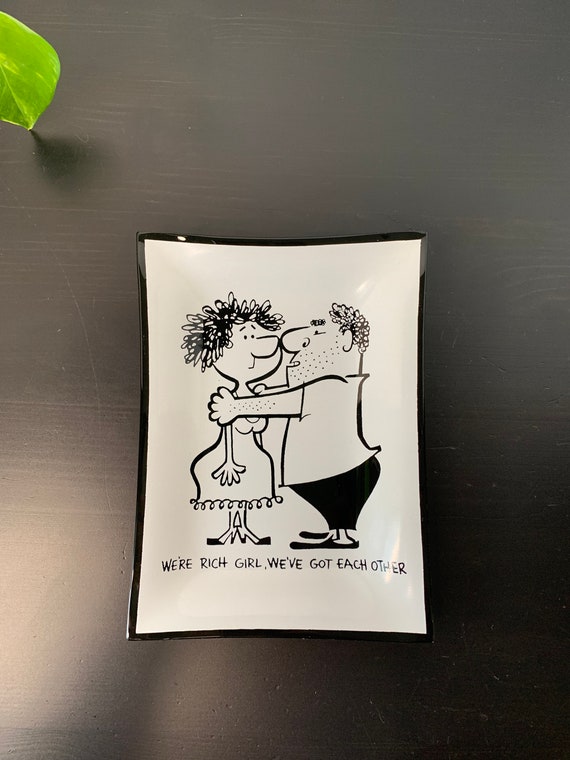 Vintage Fused Glass, Trinket Dish, Cartoon Graphics, … - Gem