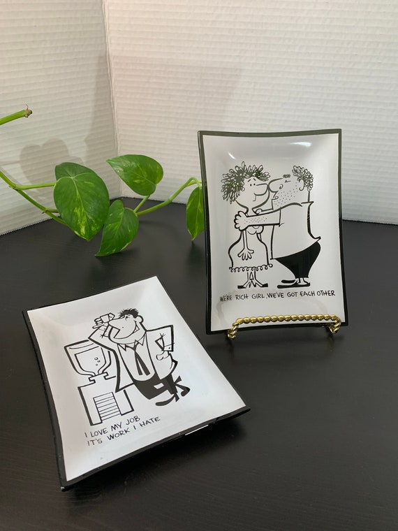 Vintage Fused Glass, Trinket Dish, Cartoon Graphics, … - Gem