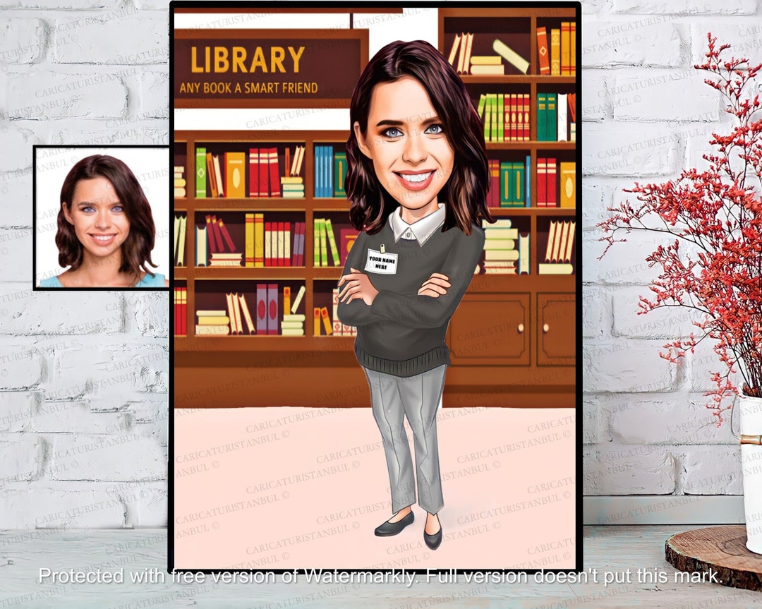 Cartoon Librarian Portrait, Librarian Gift, Library School Book Lover ...