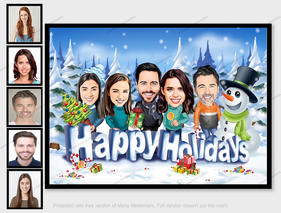 Christmas Cards, Custom Cartoon Family Portrait Gift, Holiday Cards ...