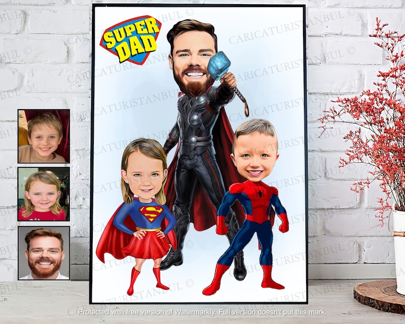 Digital Fathers Day Portrait, Cartoon Superhero Family Gift, Custom ...