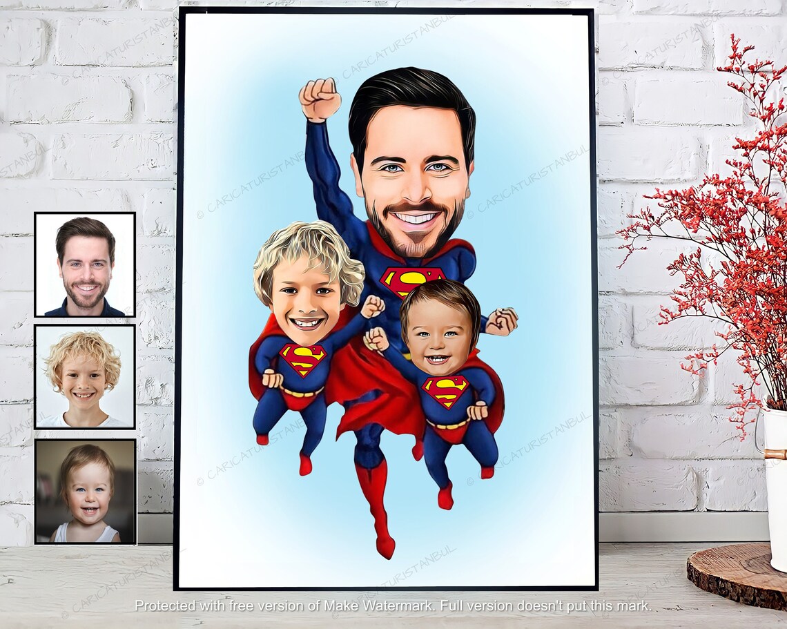 Digital Superhero Family Fathers Day Gift, Custom Portrait for Dad ...