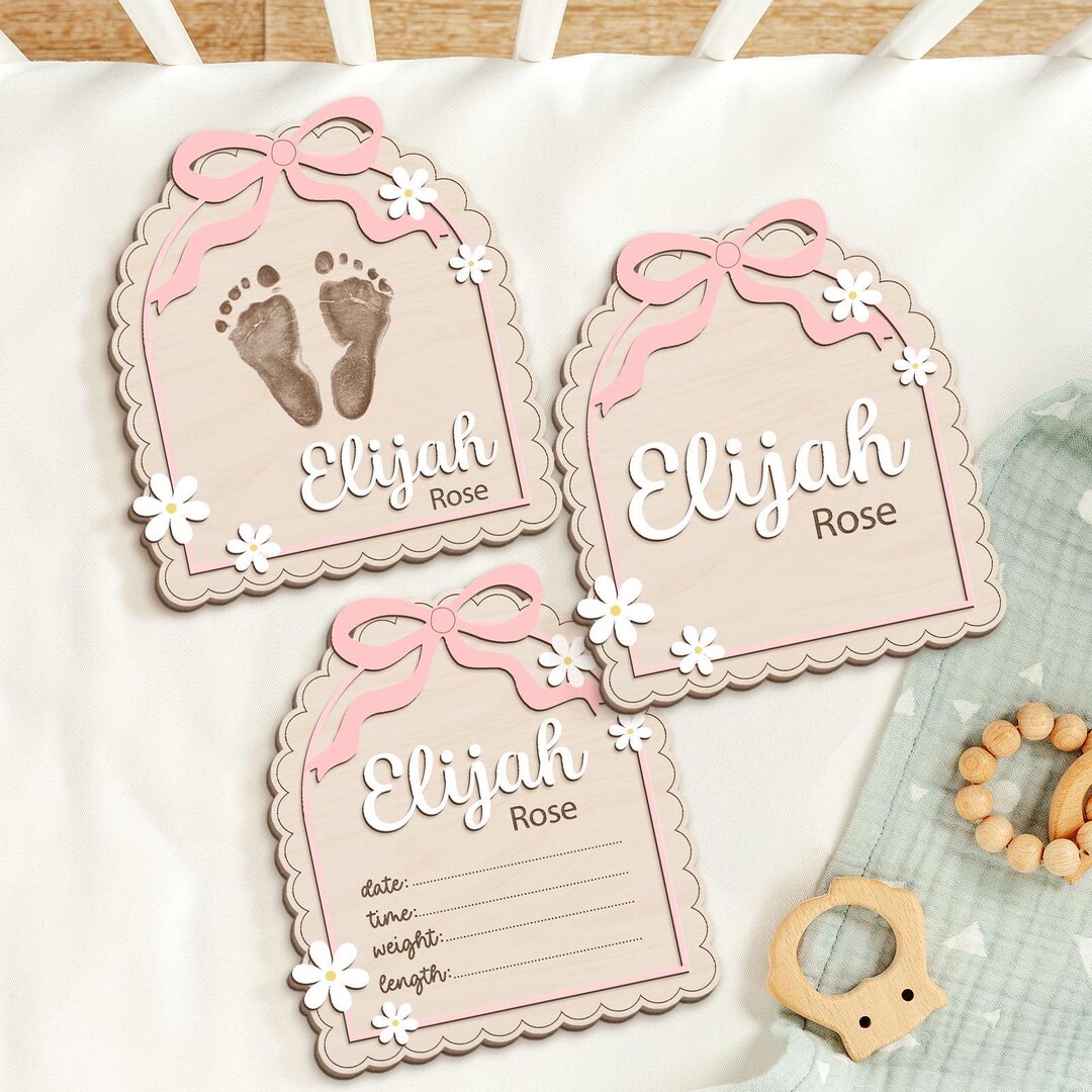 Baby Announcement Sign, Custom Pink Bow Baby Shower Gift, Newborn Gift ...