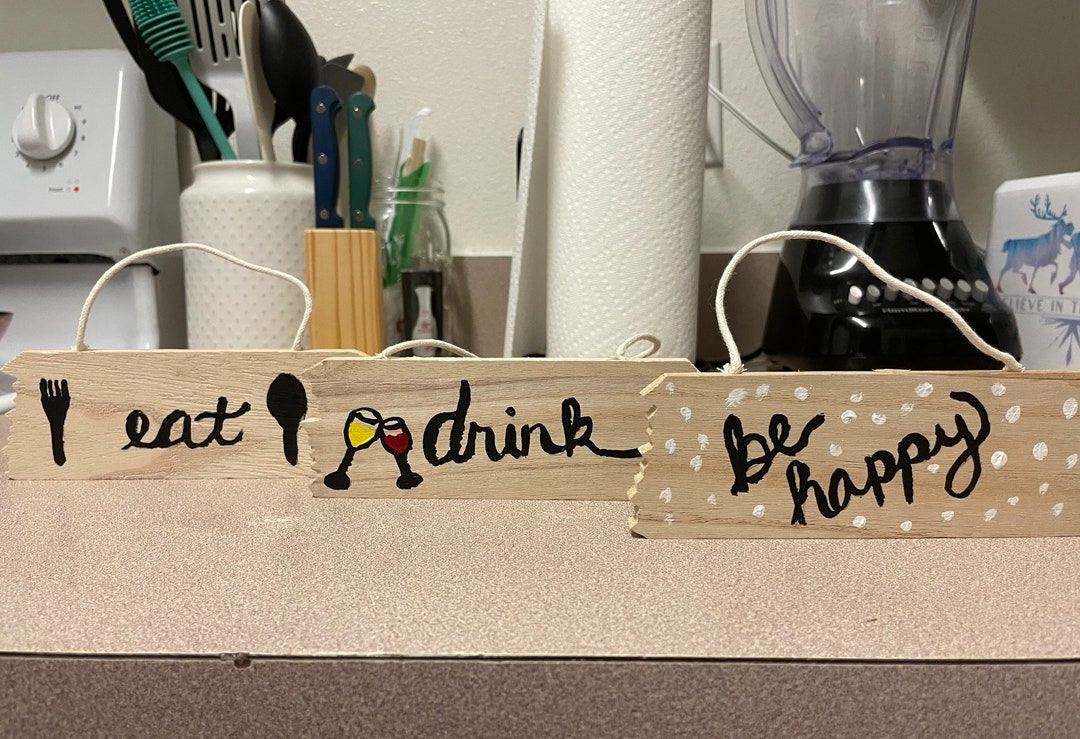 Eat, Drink, Be Happy Painted Wooden Sign Set - Etsy