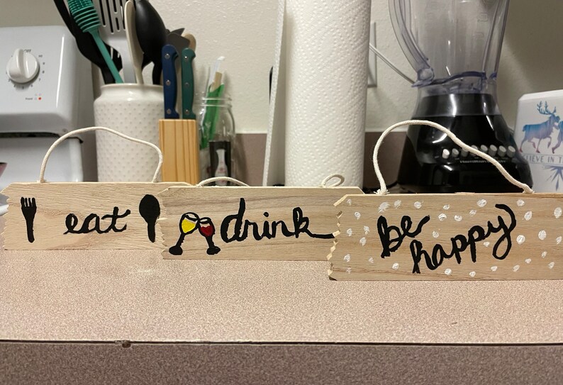Eat, Drink, Be Happy Painted Wooden Sign Set - Etsy
