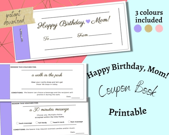 Printable Happy Birthday Mom Coupon Book Coupon Book for Mom | Etsy