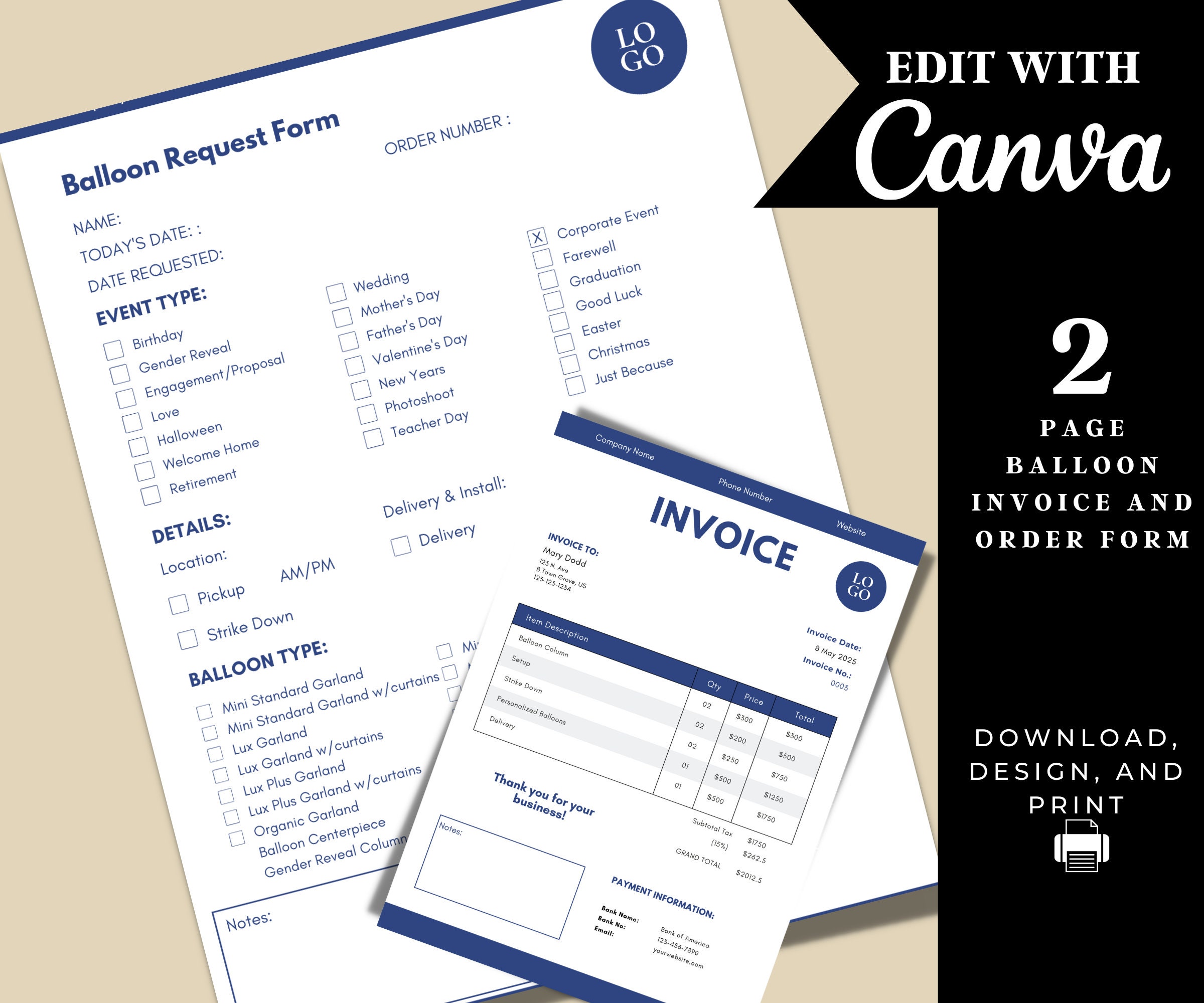 Balloon Order Form And Invoice Template Balloon Re Form Etsy Ireland