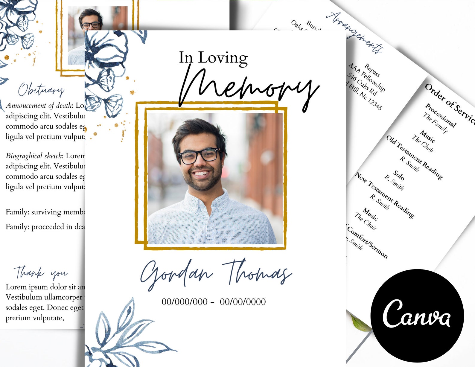 Blue Masculine Funeral Program Template Floral Funeral - Etsy