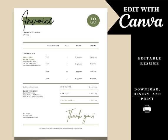 Invoice Template Canva Template Invoice Form Custom - Etsy