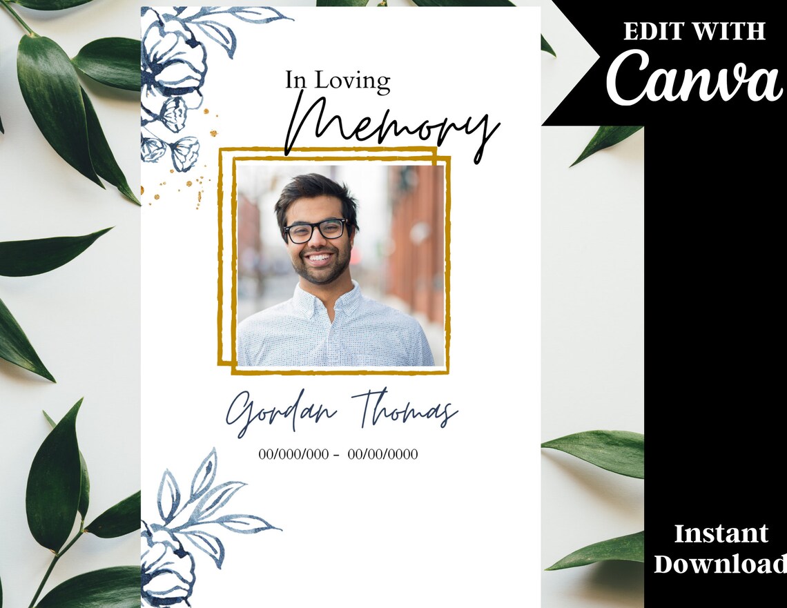 Blue Masculine Funeral Program Template Floral Funeral - Etsy