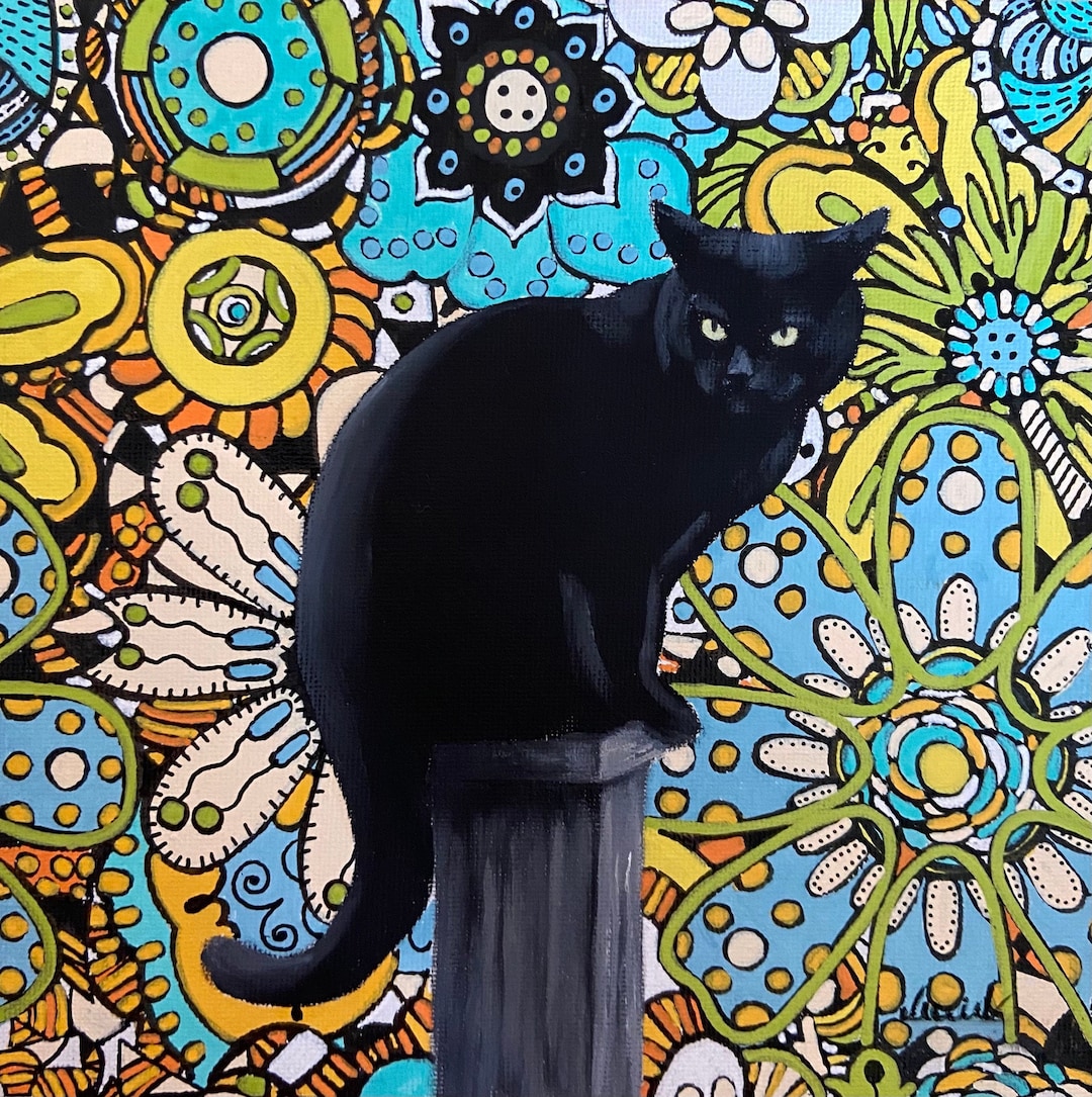 Black Cat Oil Painting on Canvas, Black Cat Portrait Painting, Black ...