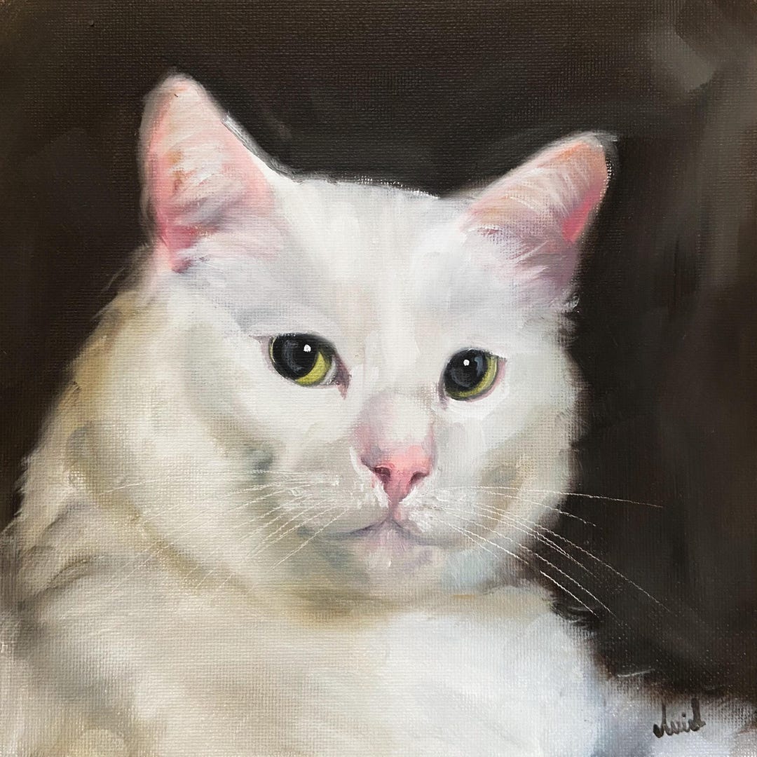 White Cat Painting, Oil Painting on Canvas, White Cat Painting, Hand ...