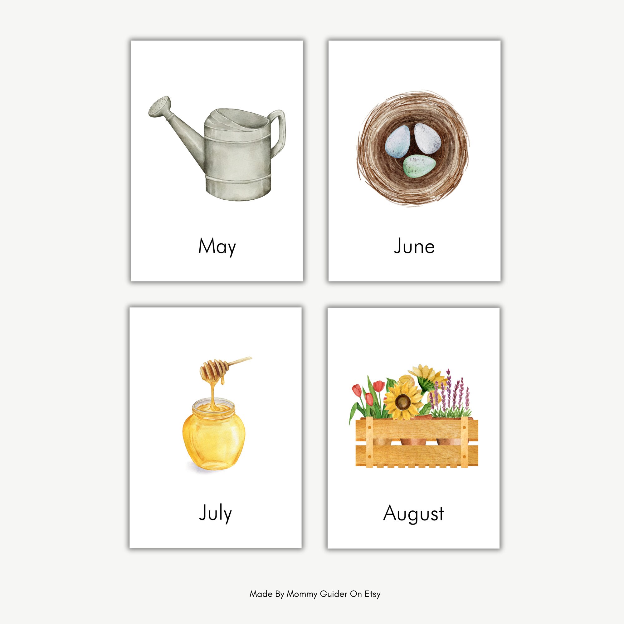Nature Watercolor Months of the Year Flashcards & Wall Art (digital ...
