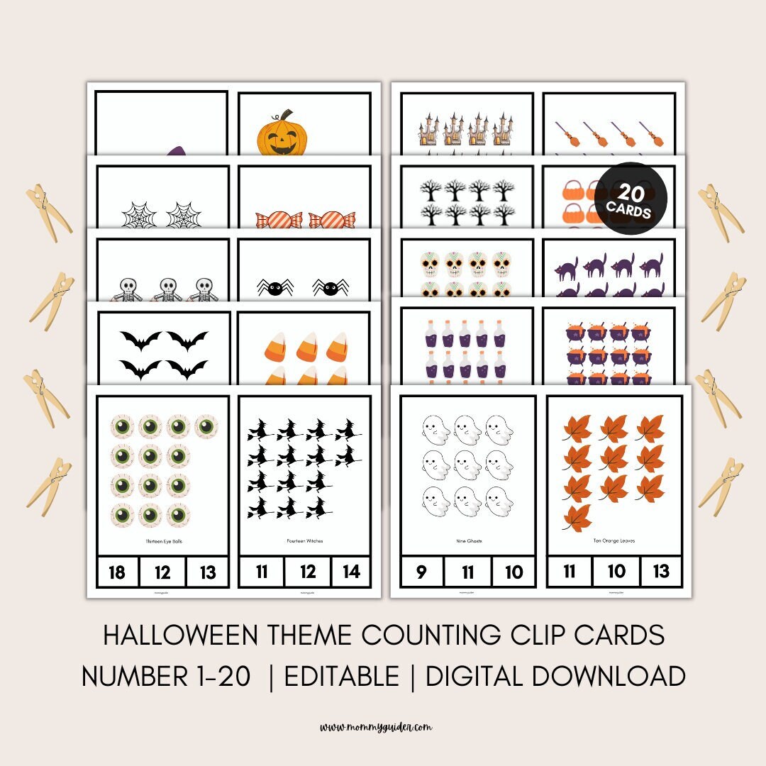 Editable Non-scary Cute Halloween Theme Counting Clip Math Number Cards ...