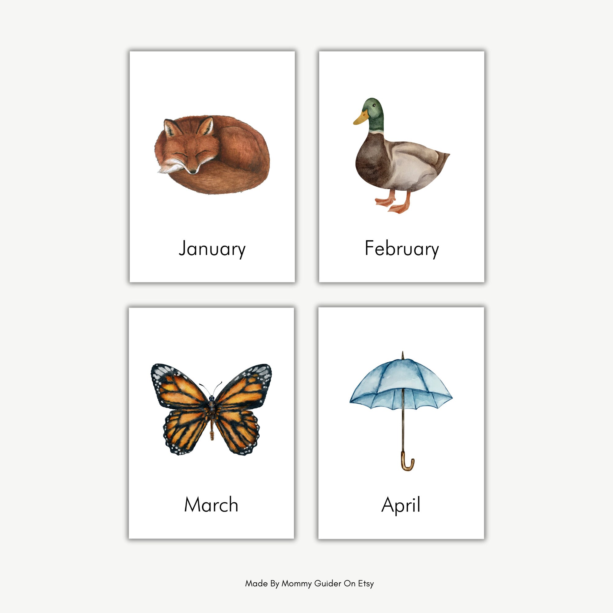 Nature Watercolor Months of the Year Flashcards & Wall Art (digital ...