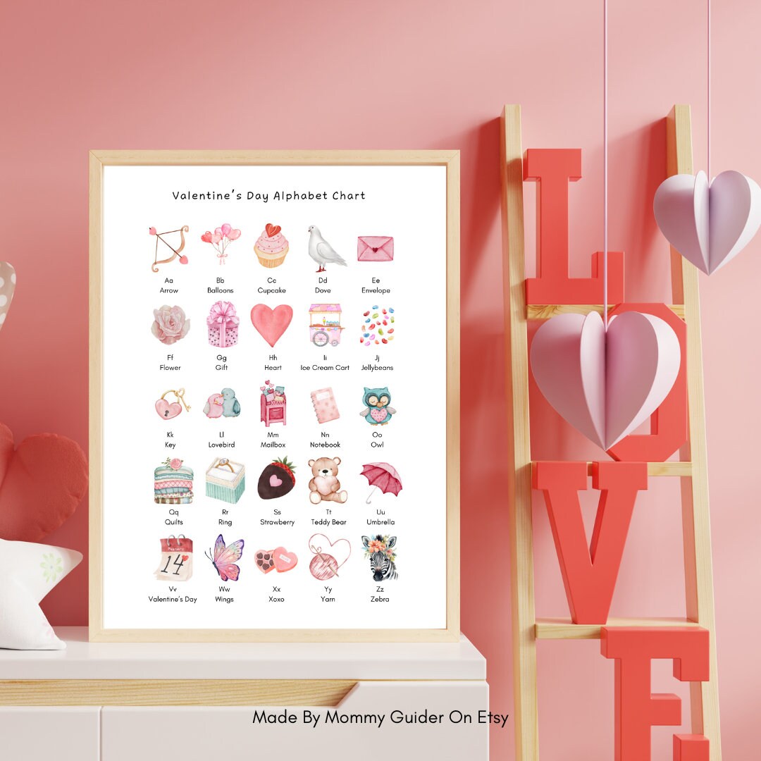 Valentine's Day Watercolor Alphabet Chart, Printable Wall Art , 4 Sizes ...
