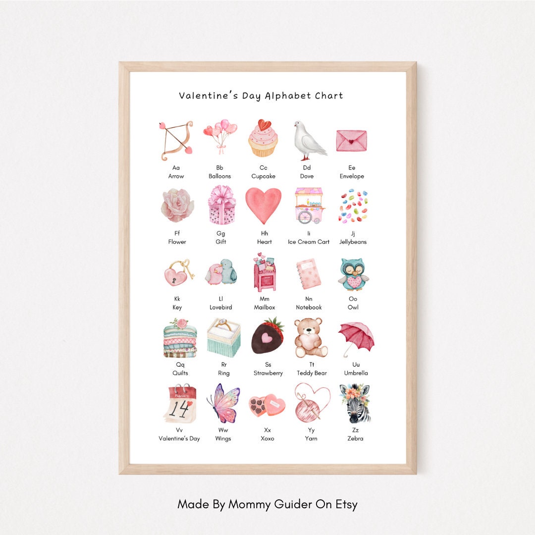 Valentine's Day Watercolor Alphabet Chart, Printable Wall Art , 4 Sizes ...