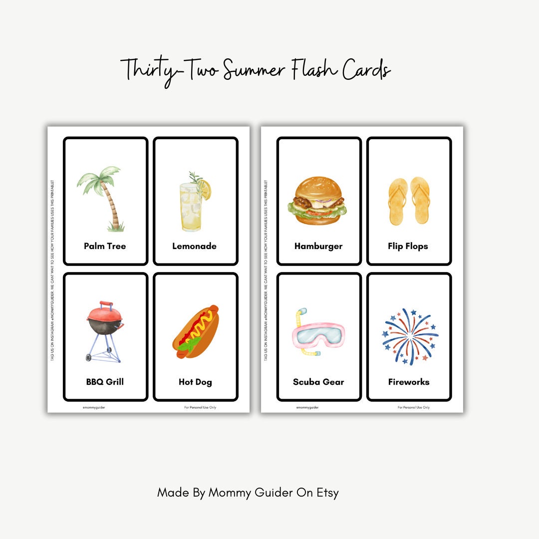 32 Summer Flash Cards for Toddlers, Preschoolers, and Kindergarteners ...