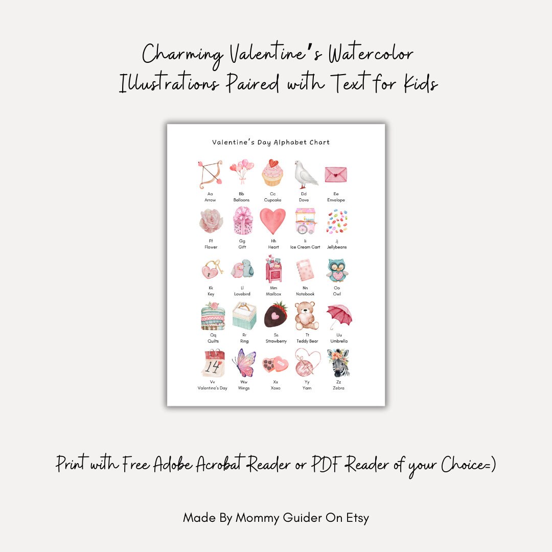 Valentine's Day Watercolor Alphabet Chart, Printable Wall Art , 4 Sizes ...