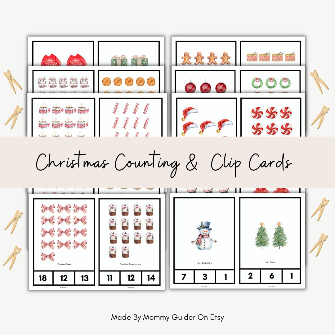 Watercolor Christmas Theme Counting and Clip Cards Math Number Cards 1 ...