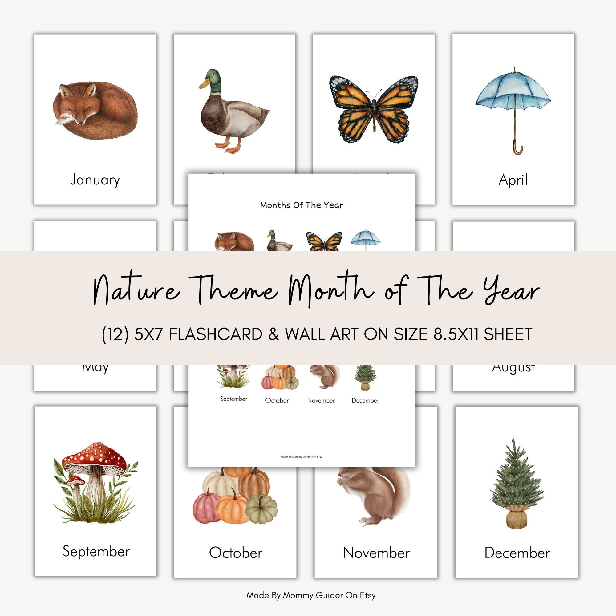 Nature Watercolor Months of the Year Flashcards & Wall Art (digital ...