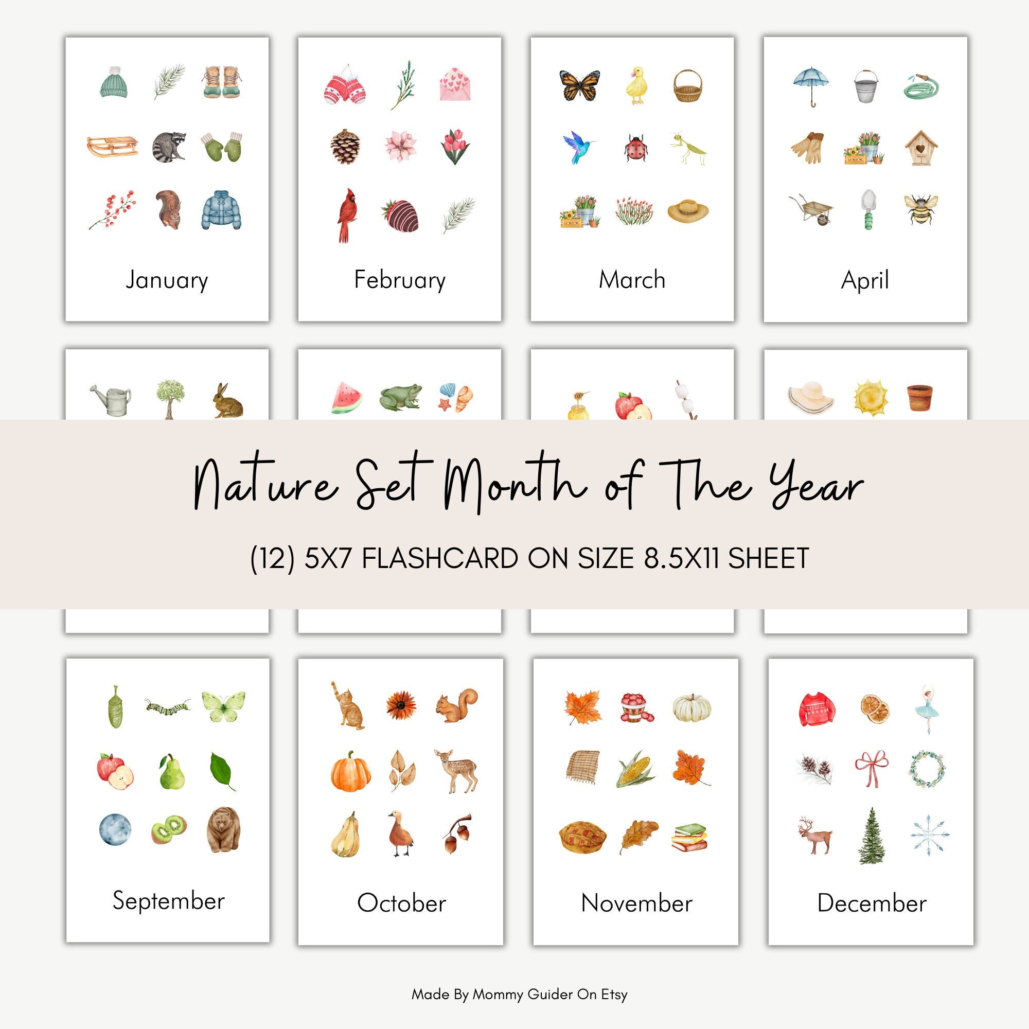Nature Months of the Year Flashcards: Watercolor Montessori Prints ...
