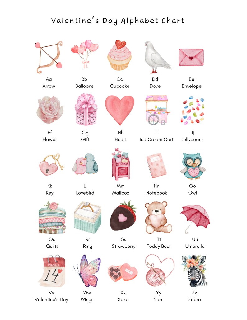 Valentine's Day Watercolor Alphabet Chart, Printable Wall Art , 4 Sizes ...
