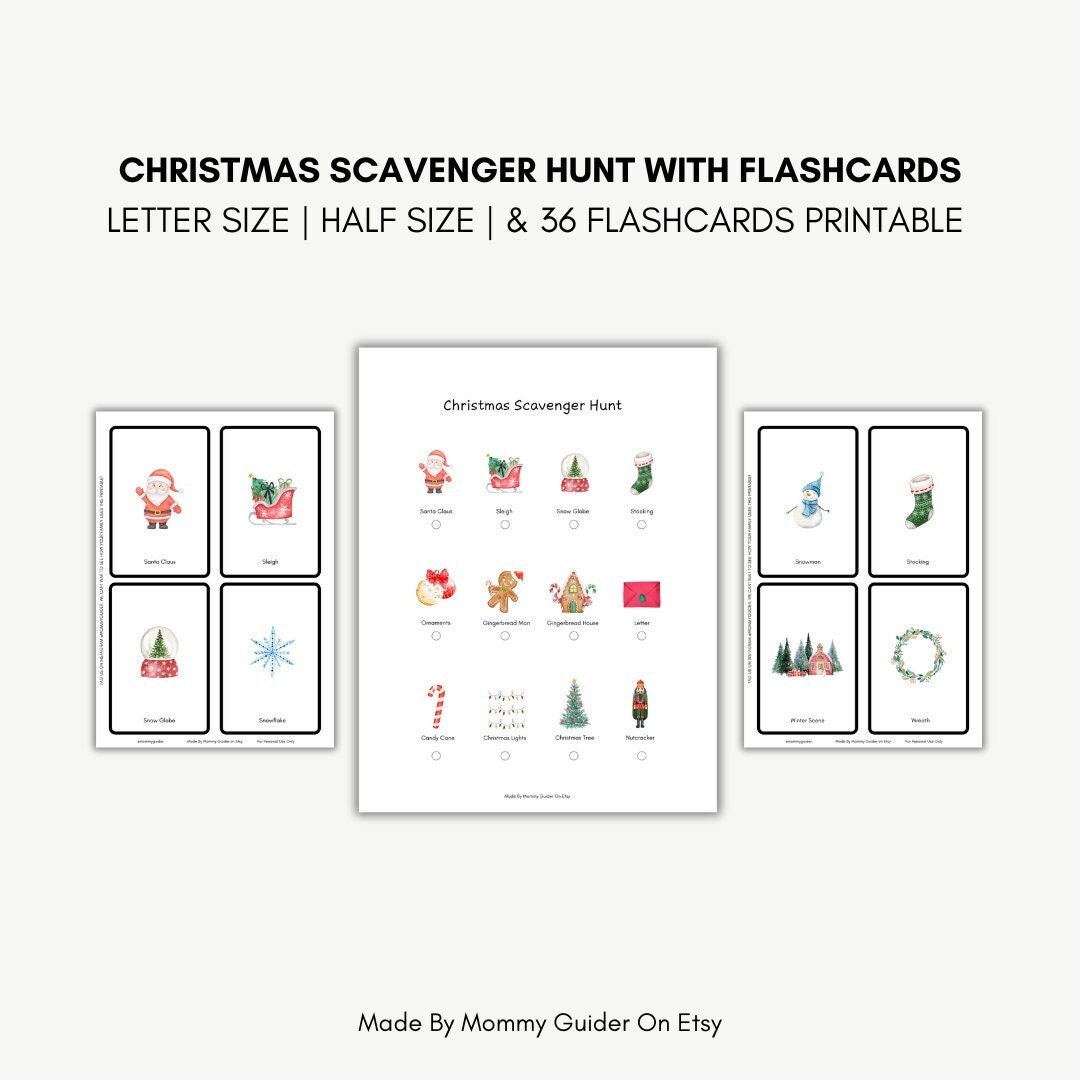 Christmas Scavenger Hunt & Christmas Flash Cards Printable Bundle | for ...