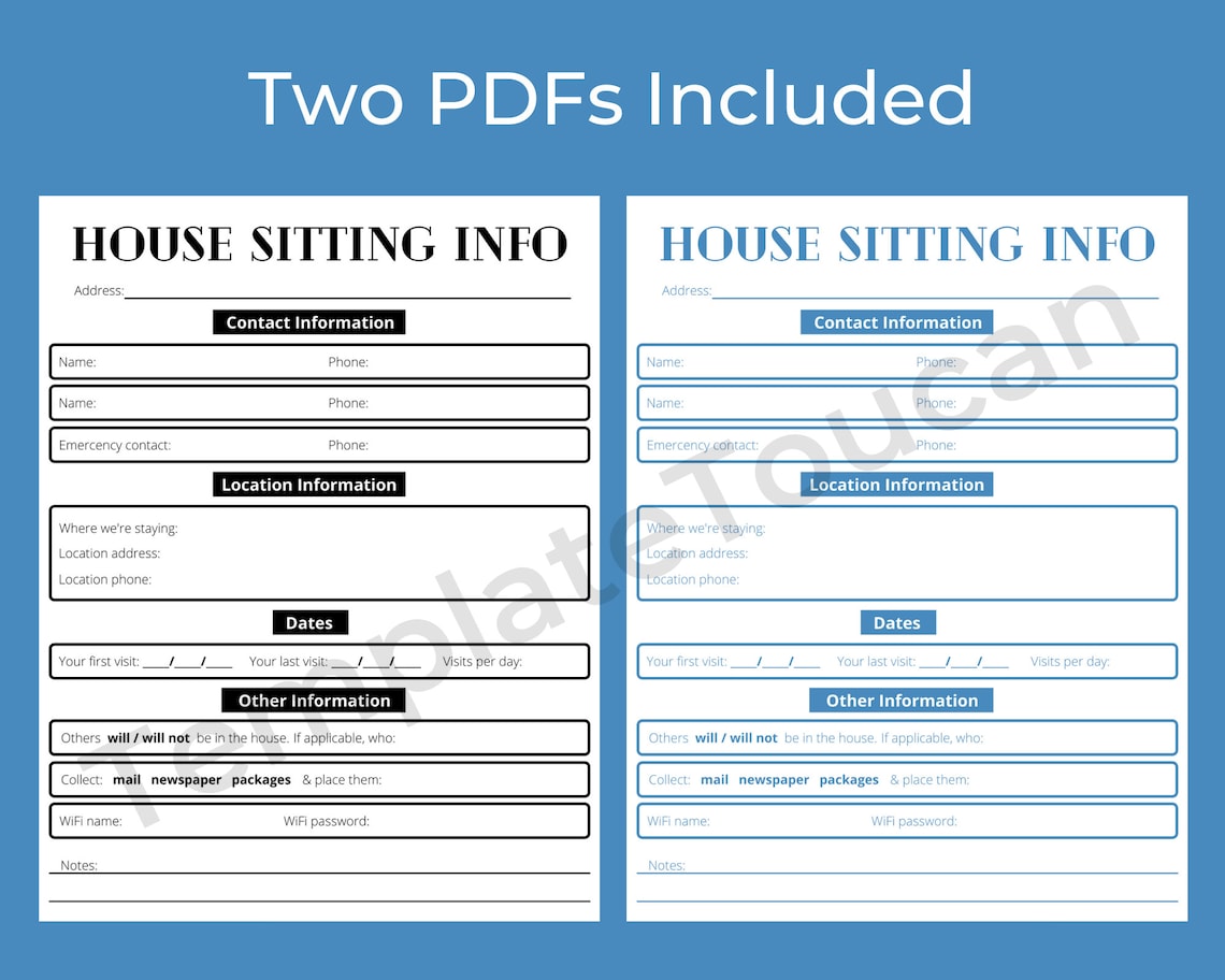 Printable House Sitting Info Sheet | DIGITAL PDF DOWNLOAD | Travel ...