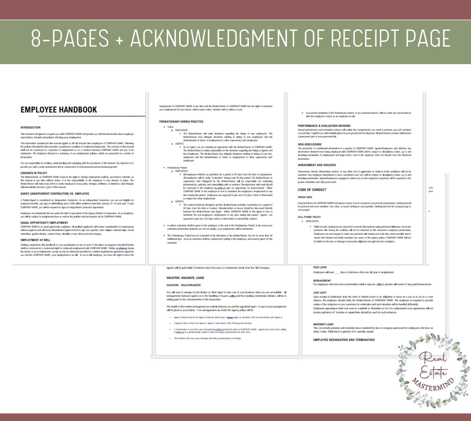 Real Estate Employee Handbook Template | Agent Policies Manual | Word ...