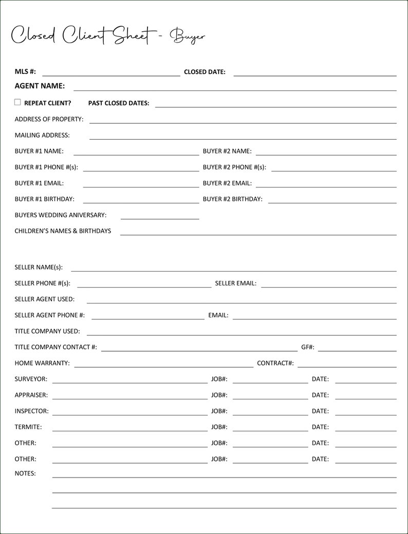 Real Estate Client Sheet: Buyer & Seller Forms (printable PDF) - Etsy