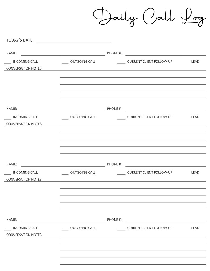 Real Estate Daily Call Log | Printable Lead Tracker | PDF Download - Etsy
