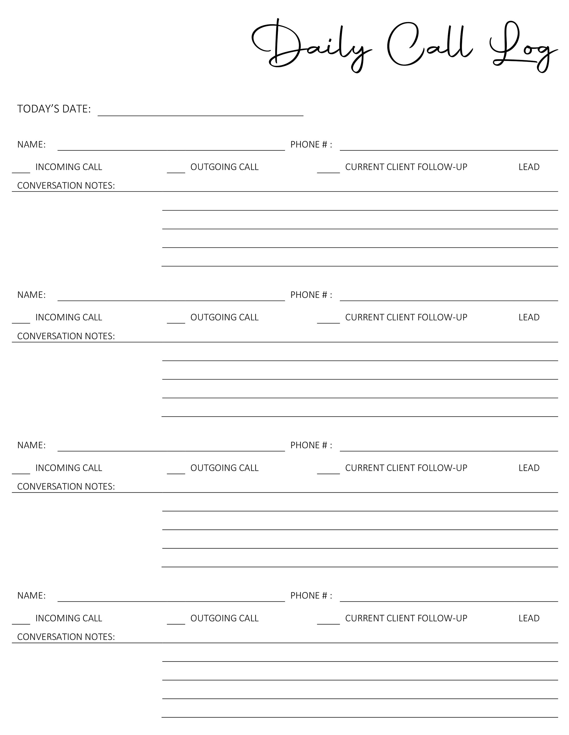Real Estate Daily Call Log | Printable Lead Tracker | PDF Download - Etsy