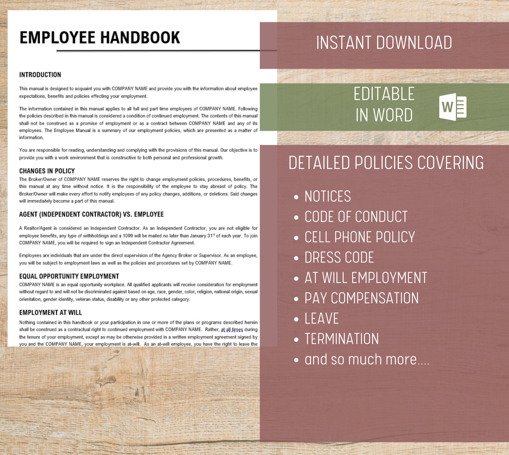 Real Estate Employee Handbook Template | Agent Policies Manual | Word ...