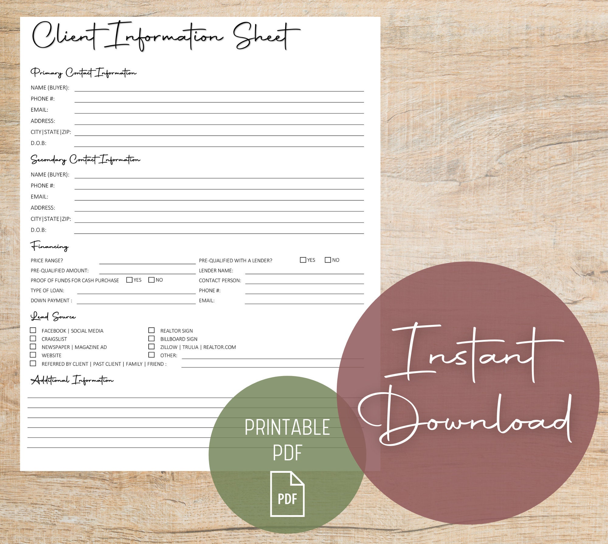 Real Estate Client Information Sheet | Printable & Editable | PDF and ...