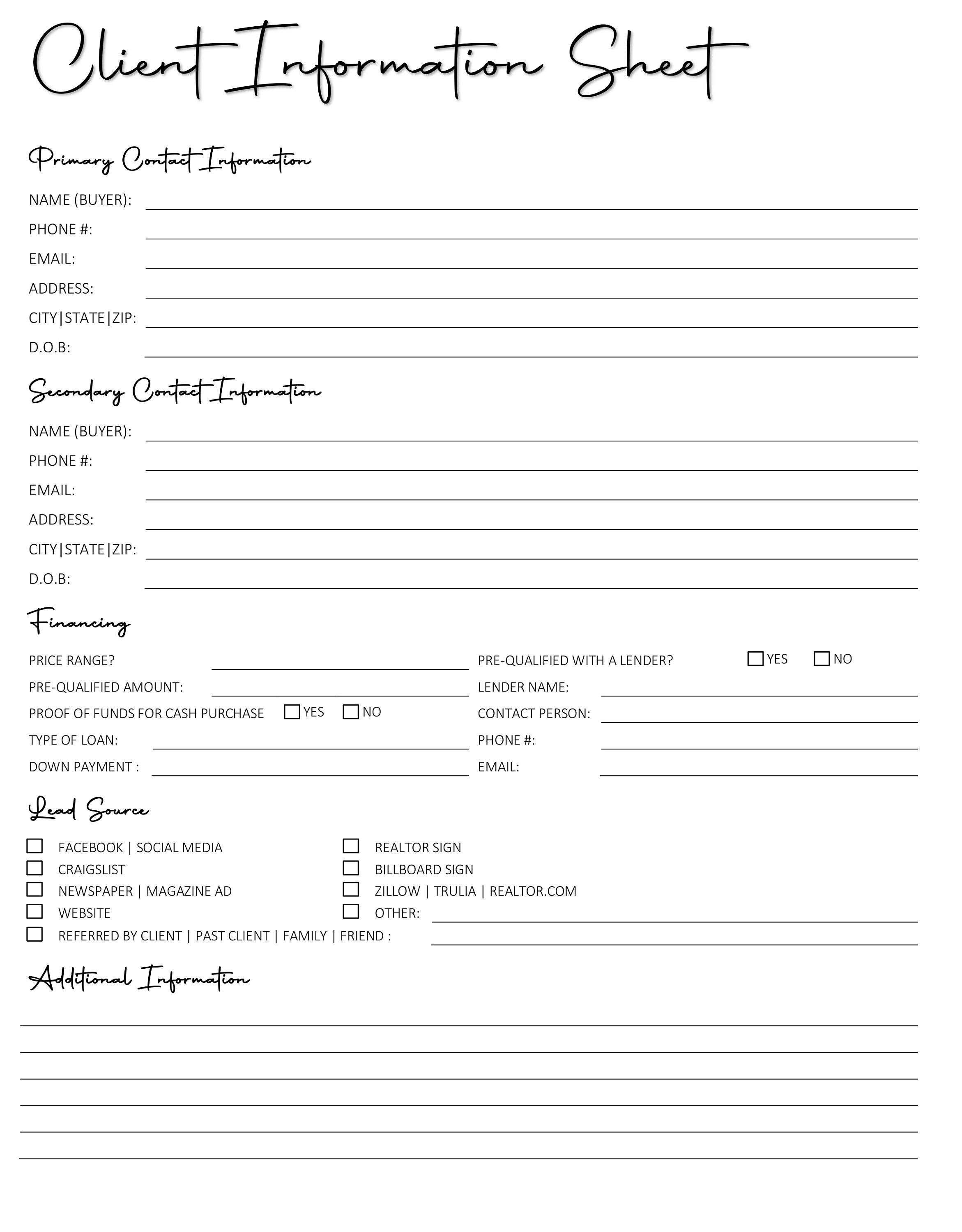 CLIENT INFORMATION Sheet | Real Estate | Real Estate Agent | Instant ...