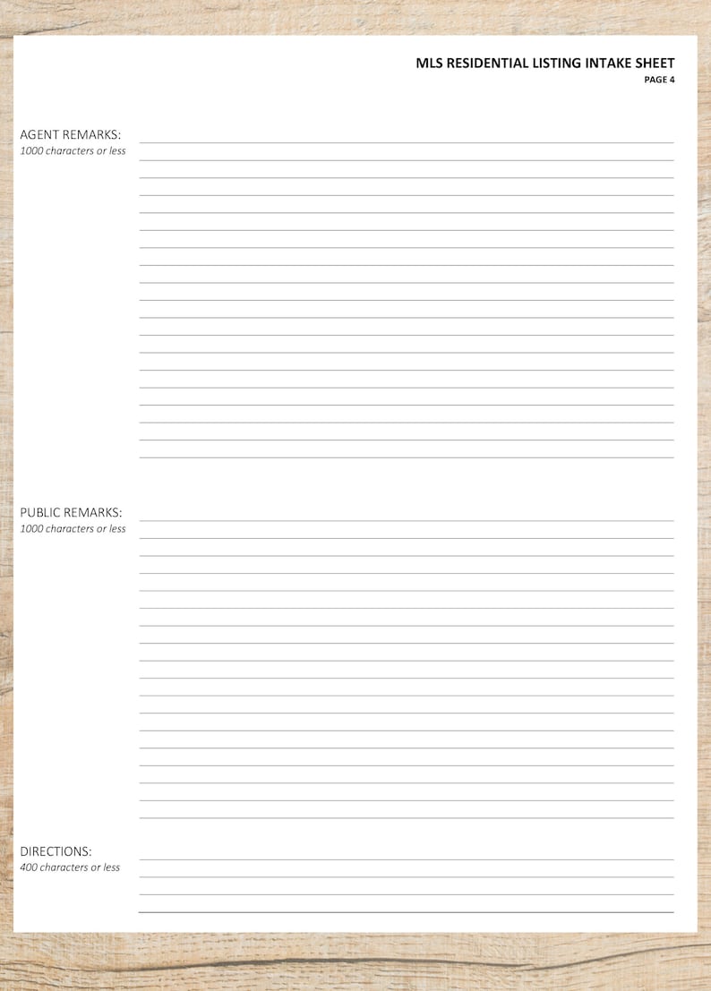 Real Estate Listing Intake Sheet | Printable MLS Form | PDF Download - Etsy