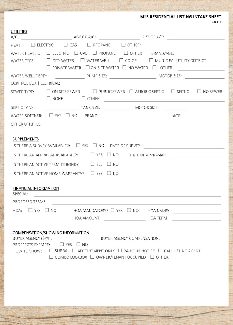 Real Estate Listing Intake Sheet | Printable MLS Form | PDF Download - Etsy