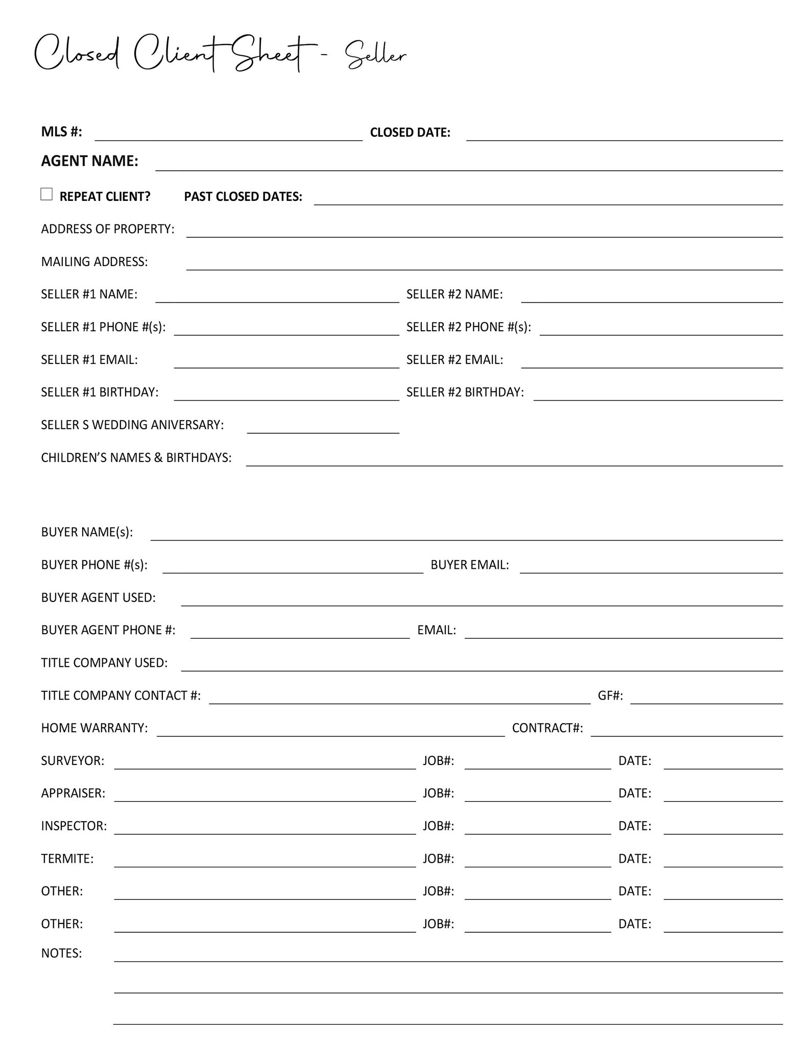 Real Estate Client Sheet: Buyer & Seller Forms (printable PDF) - Etsy