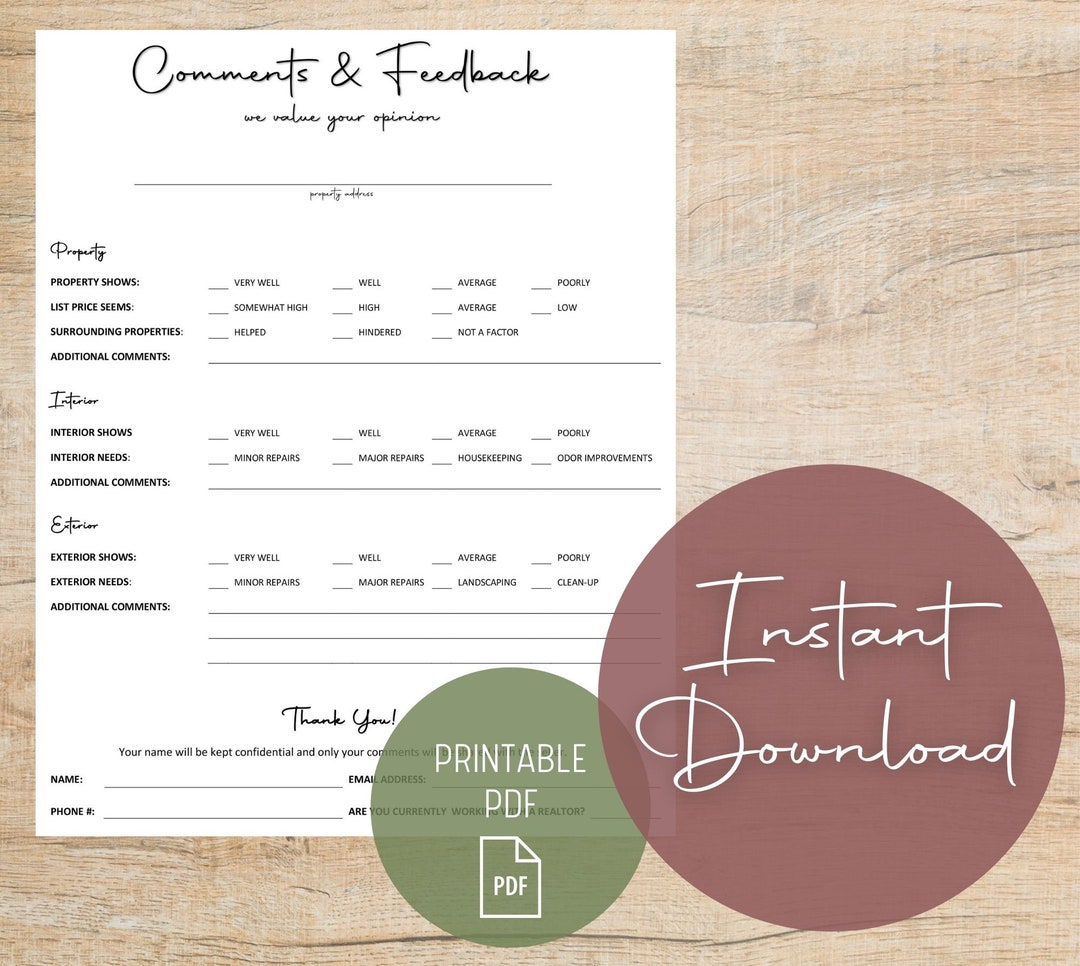 Real Estate Open House Feedback Form | Printable PDF, Editable Word - Etsy