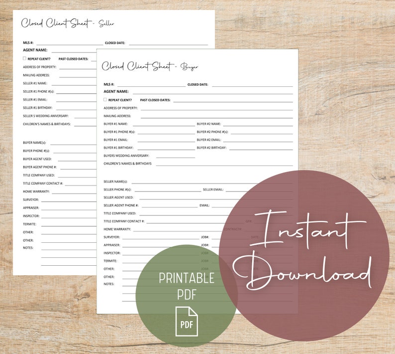 Real Estate Client Sheet: Buyer & Seller Forms (printable PDF) - Etsy
