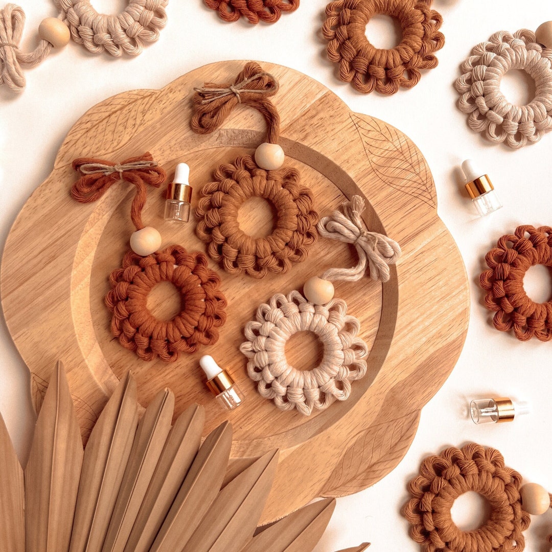 Macrame Flower Car Charm Rear View Mirror Daisy Accessory Essential Oil ...