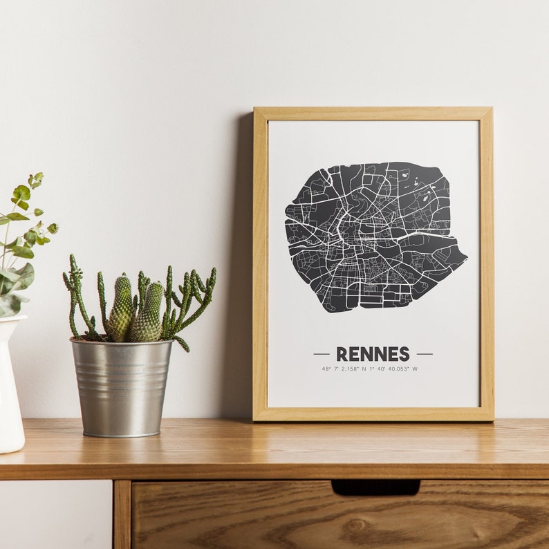 RENNES Digital File to Print Map of the City of Rennes Black and White ...