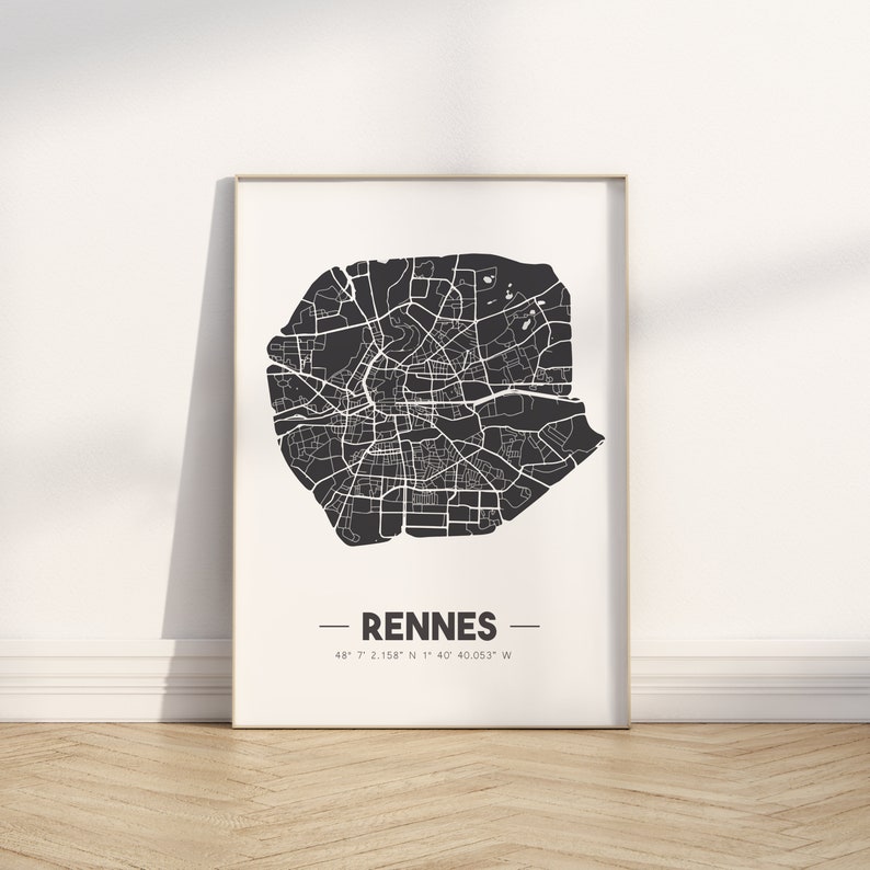 RENNES Digital File to Print Map of the City of Rennes Black and White ...