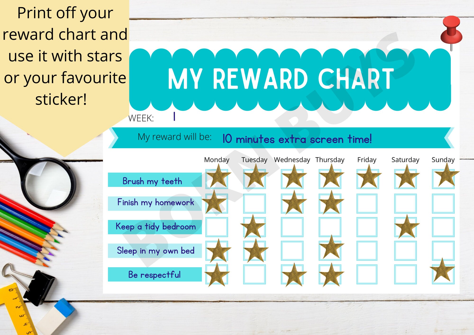 Blue Childrens Reward Chart - Good Behaviour Chart - Sticker Chart A4 ...