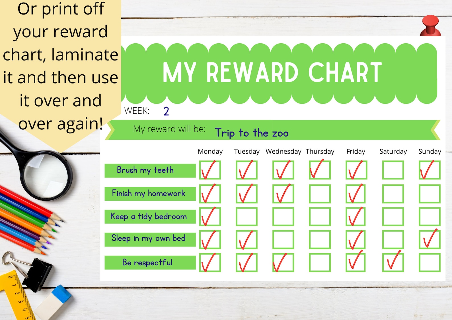 Green Childrens Reward Chart - Good Behaviour Chart - Sticker Chart A4 ...