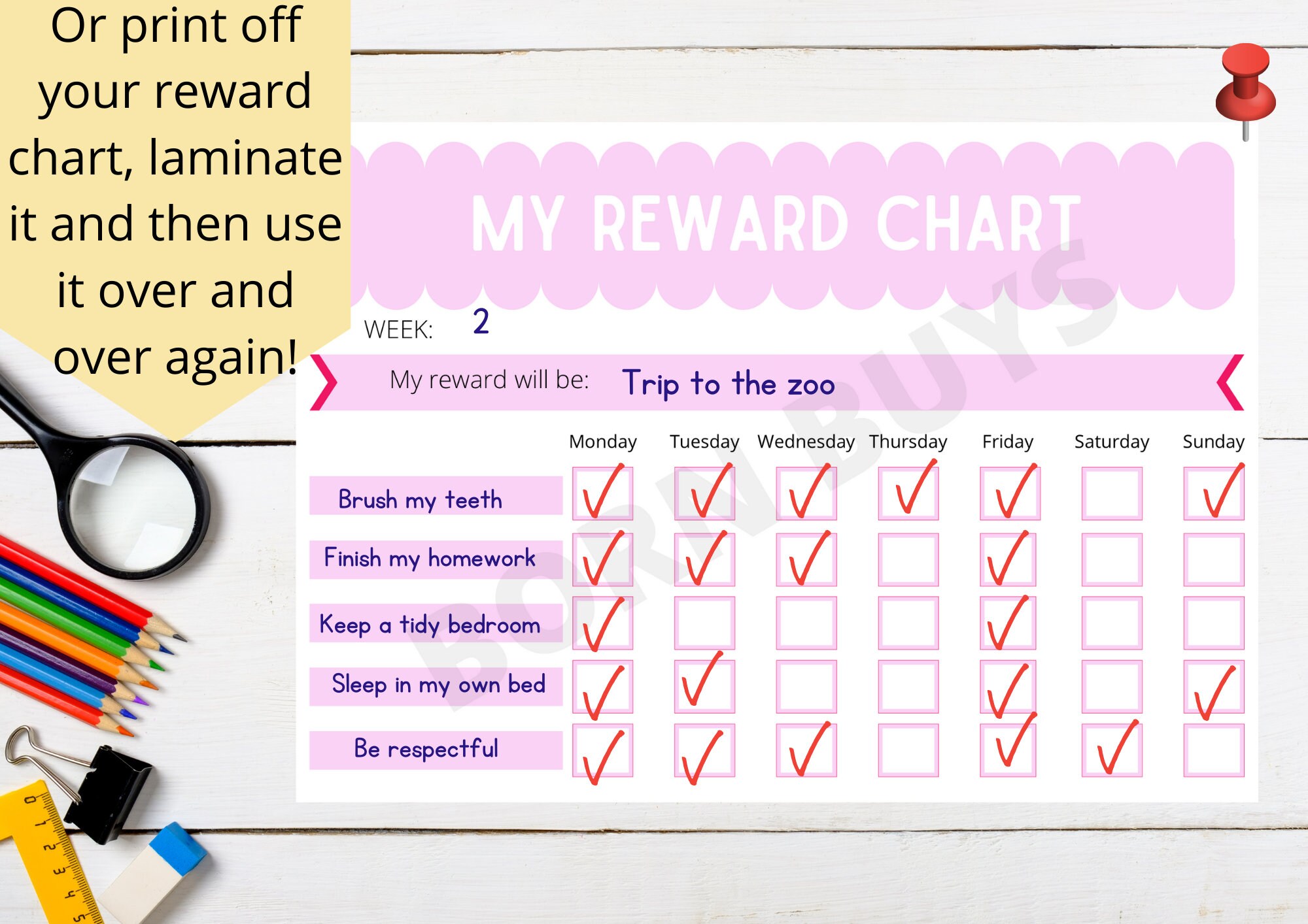 Pink Childrens Reward Chart - Good Behaviour Chart - Sticker Chart A4 ...