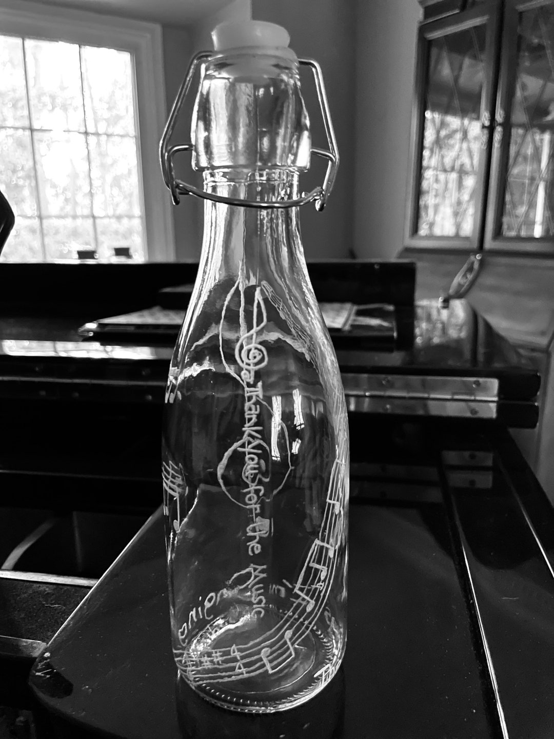 Hand Etched Glass Bottle With Music Notes, Airtight Lid - Etsy