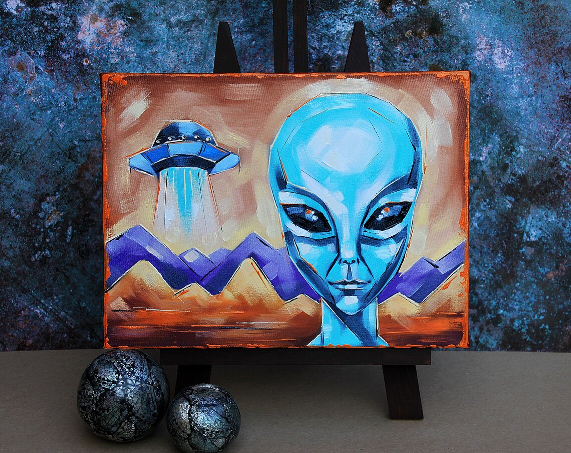 Alien Painting Space Original Art Alien Artwork UFO Art | Etsy