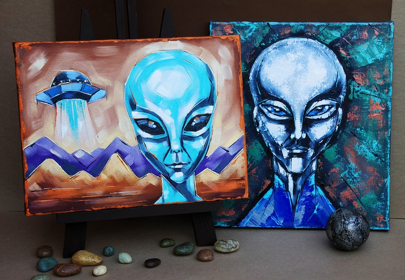 Alien Painting Space Original Art Alien Artwork UFO Art | Etsy